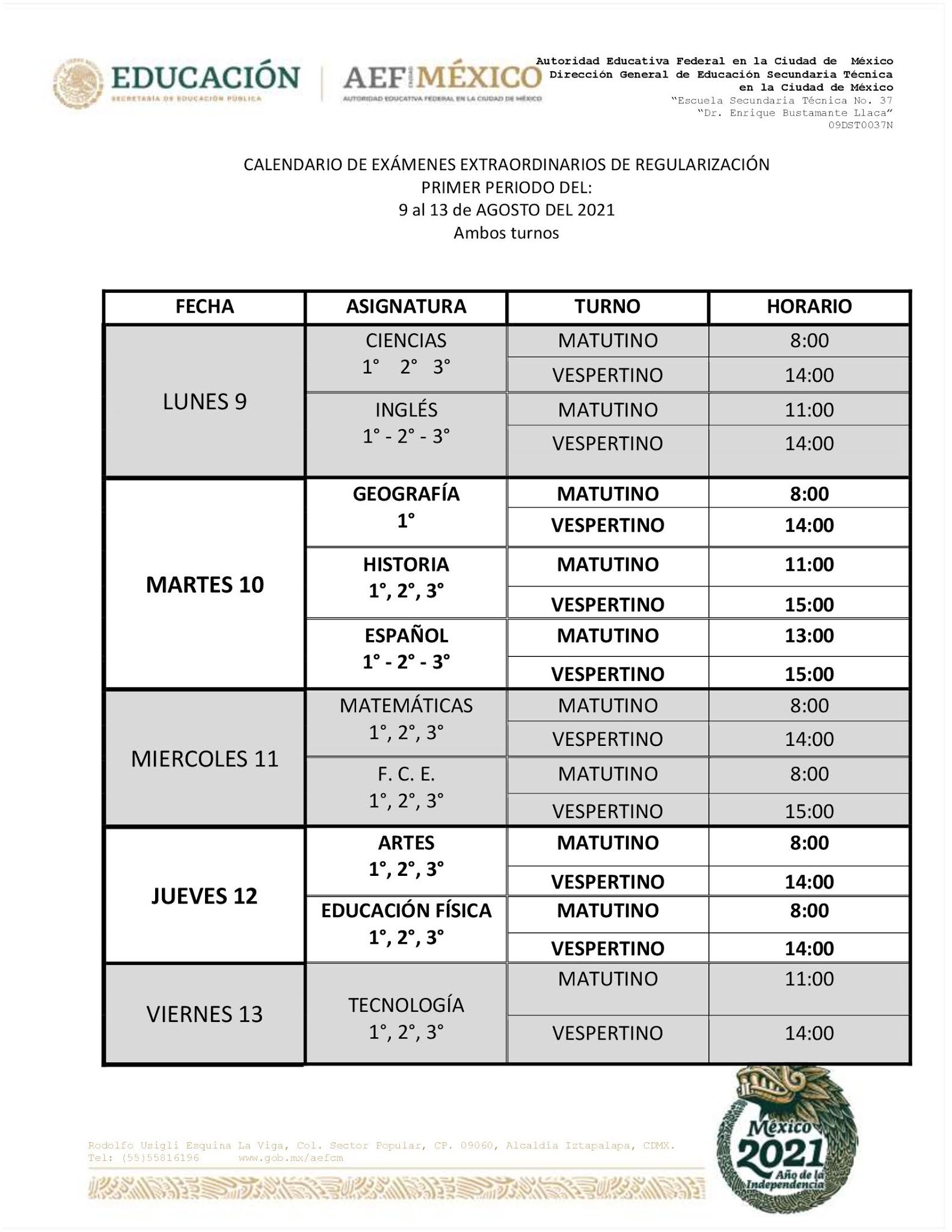 EST 37 TURNO MATUTINO 2021-2022: CALENDARIO DE EXAMENES EXTRAORDINARIOS DEL CICLO ESCOLAR 2020 ...