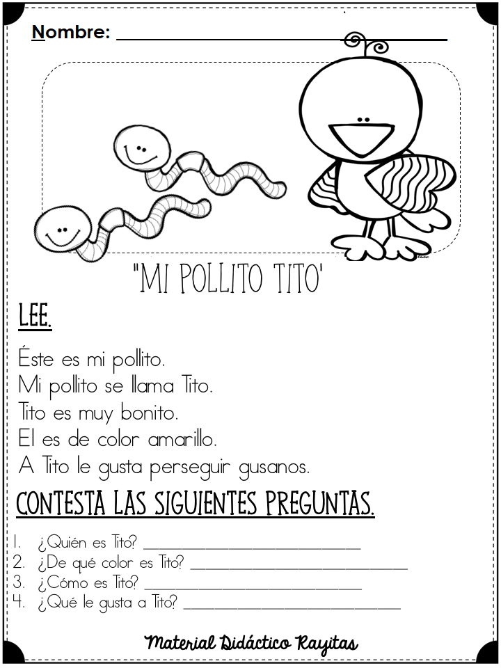 MI GRADO PRIMERO: Examen de comprensión de lectura: Mi pollito Tito