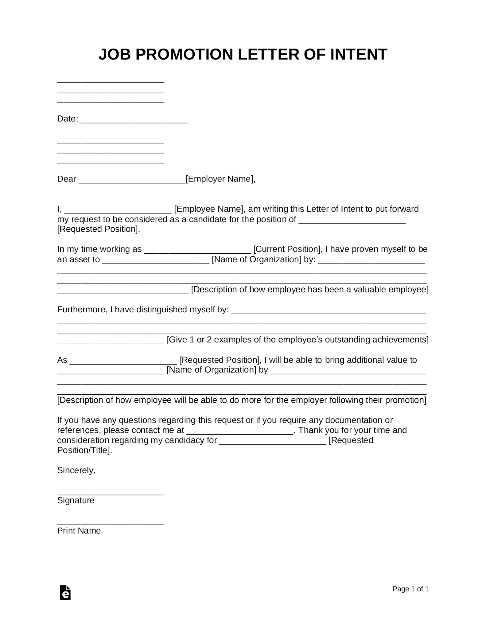 Letter Of Intent For Promotion Template ~ Resume Letter