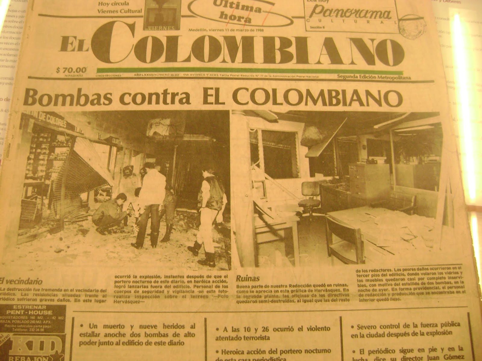 Proyecto Pablo Escobar: Bomba en el periódico El Colombiano. 1988