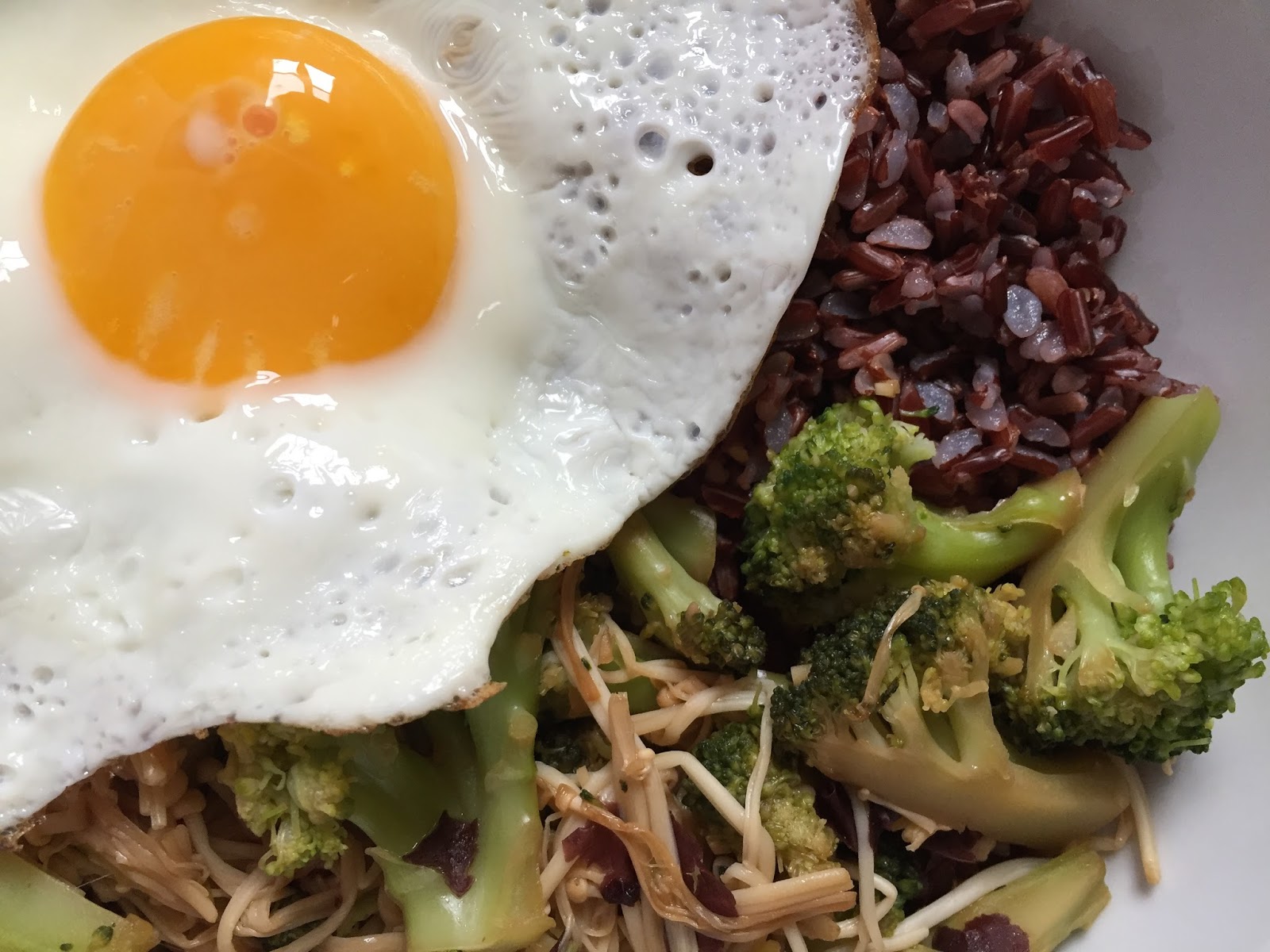 Inglourious Bananas: Red Rice with Broccoli, Enoki Mushrooms and Fried ...