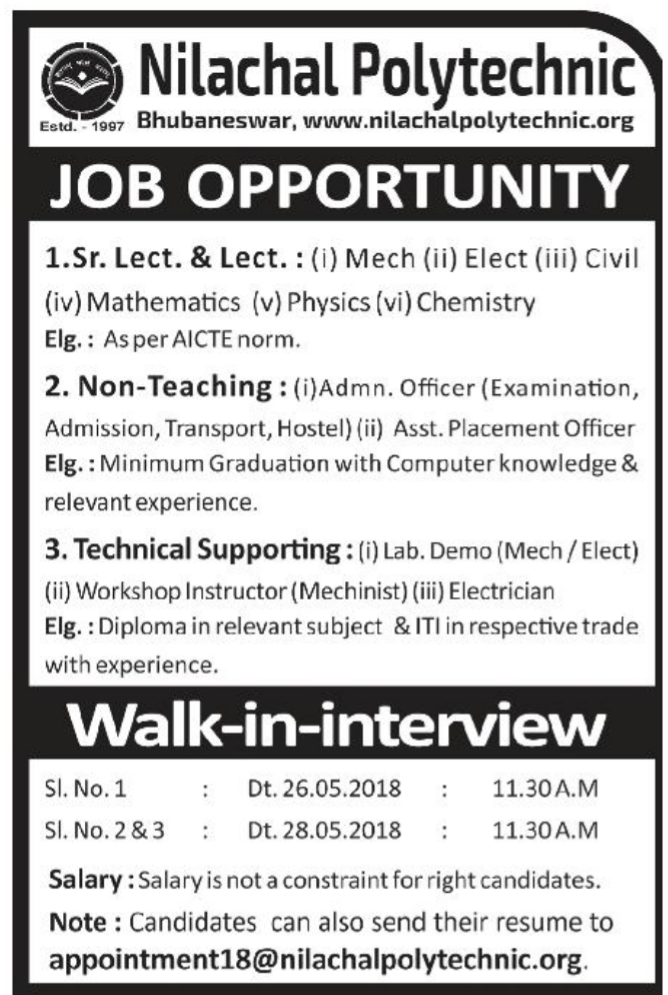 Nilachal Polytechnic College, Bhubaneswar, Wanted Sr.Lect&Lect - Faculty Teachers