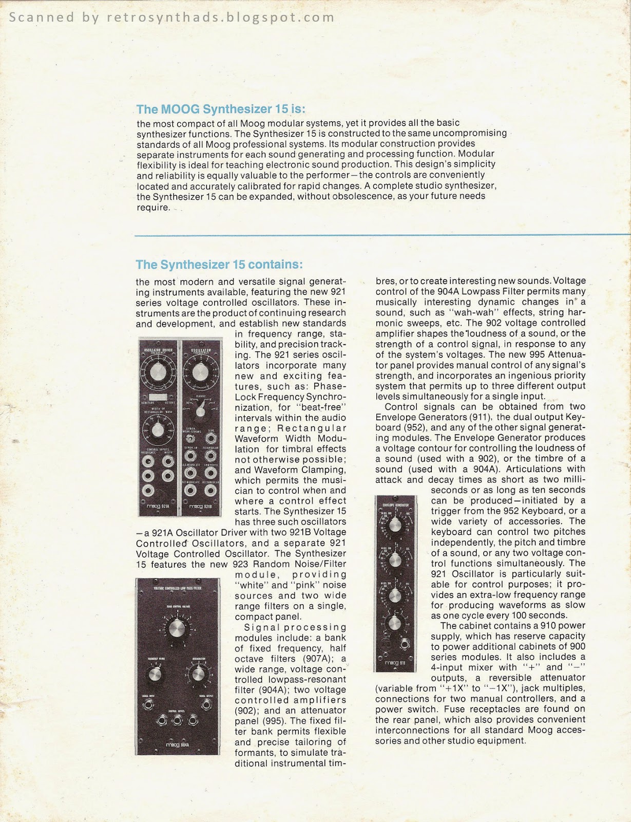Retro Synth Ads: Moog Synthesizer 15 modular system six-page brochure, 1974