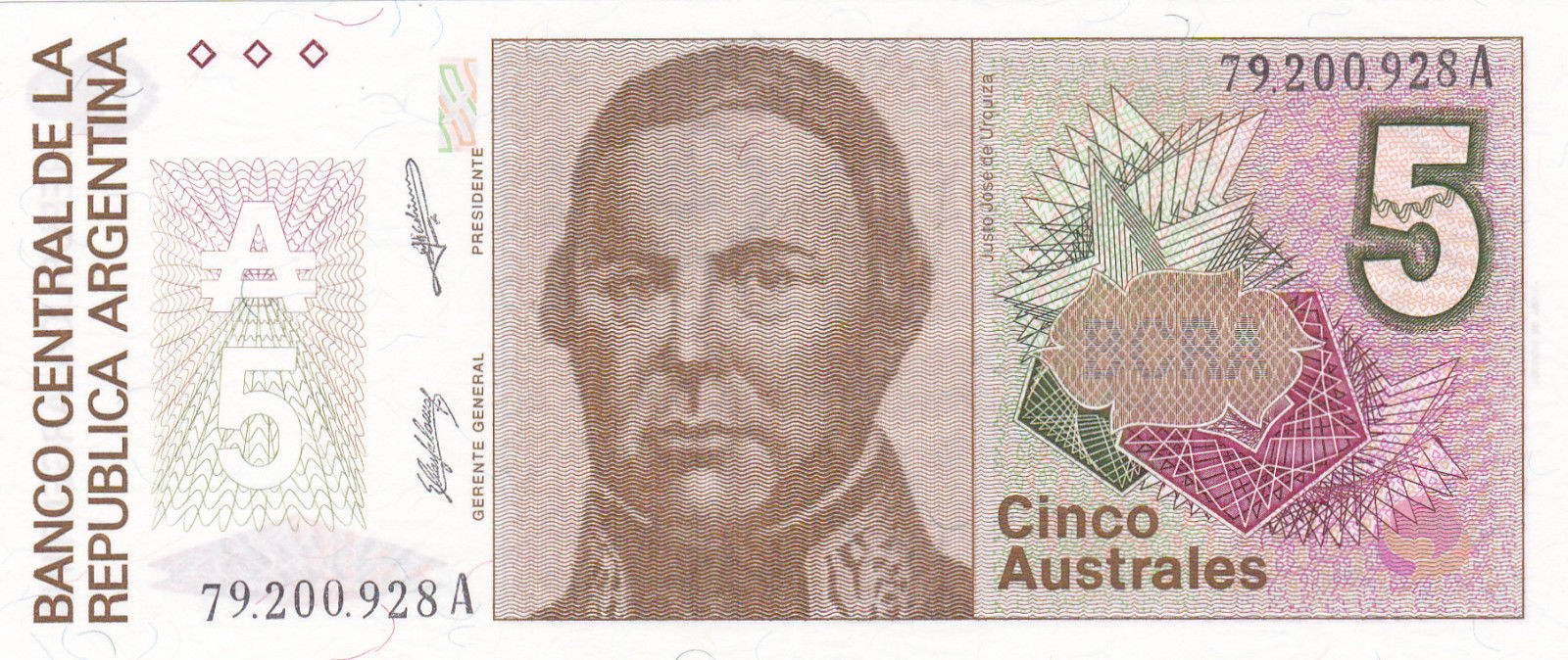Argentina 5 Australes banknote 1989 Justo Jose de Urquiza|World ...
