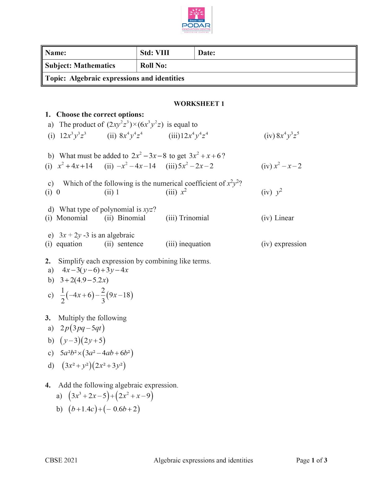 Math Ch-6 Algebraic Expressions and Identities (Notebook,workbook and ...