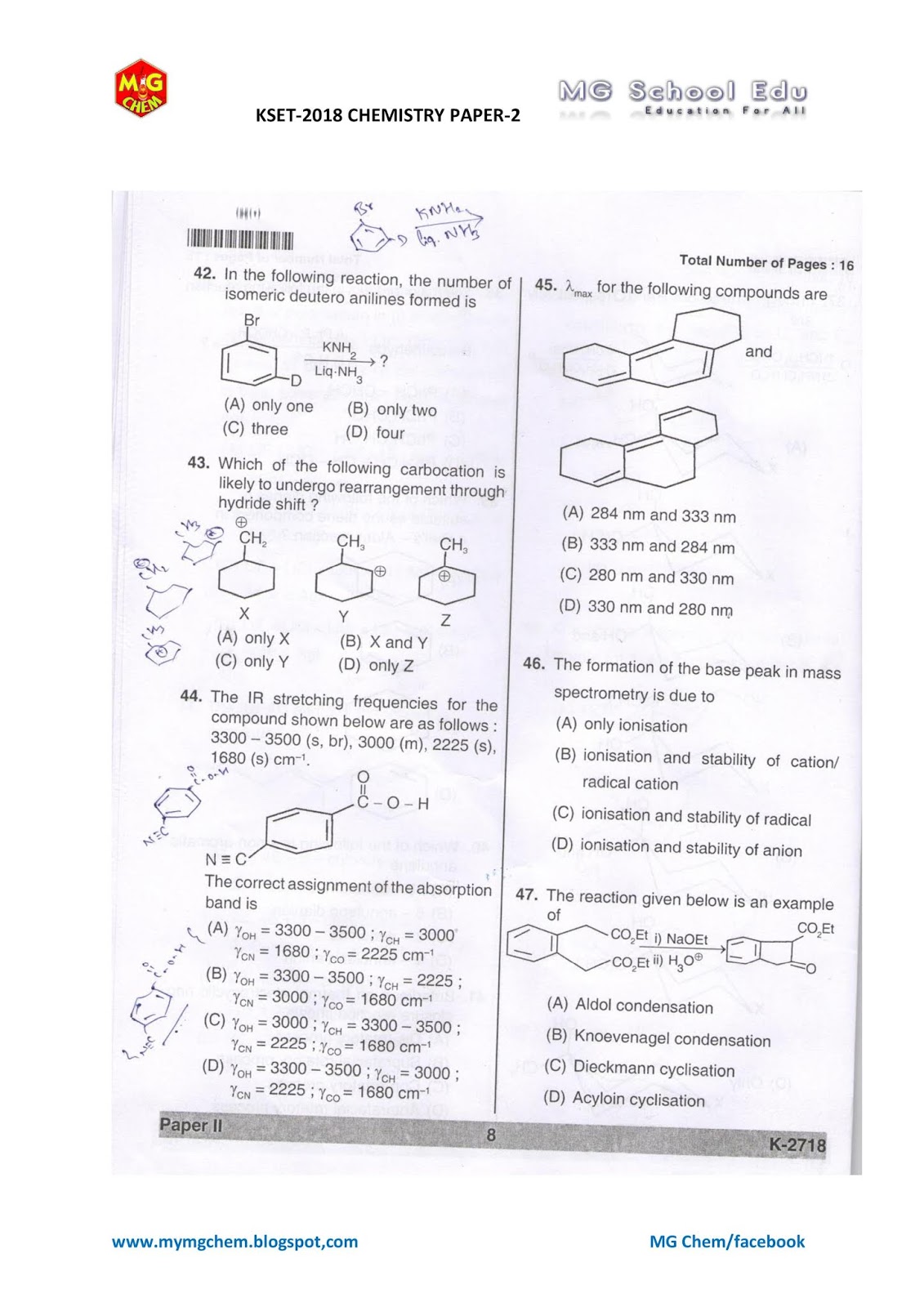 MG SCHOOL SCIENCE: KSET-2018 CHEMICAL SCIENCE QUESTION PAPER