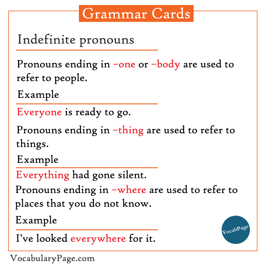 Indefinite pronouns (-body, -one, -thing, -where)
