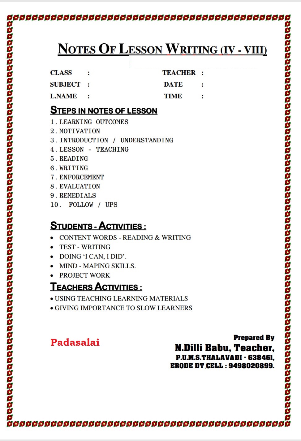 Notes of Lesson Writing Steps - பாடக்குறிப்பு எழுதும் முறை (Primary ...