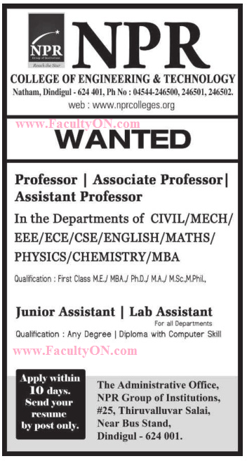 NPR College of Engineering and Technology, Dindigul, Wanted Teaching ...
