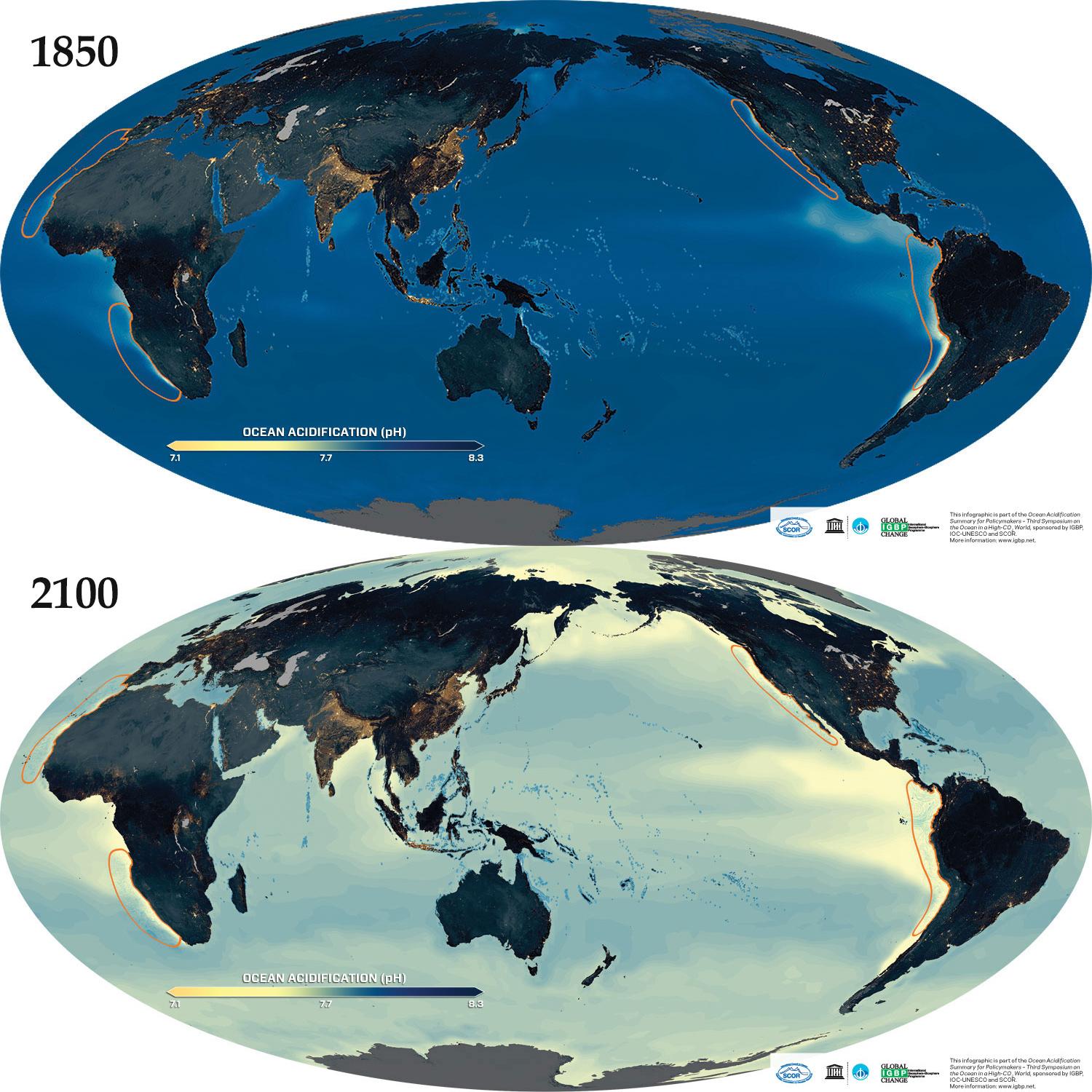 Average pH of surface waters in 1850 and 2100