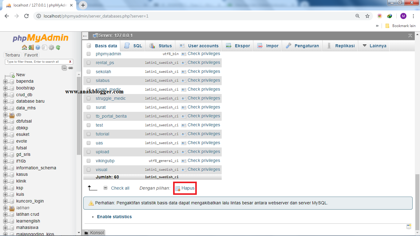 Cara Menghapus Database Pada XAMPP phpMyAdmin - ANAKBLOGGER.COM