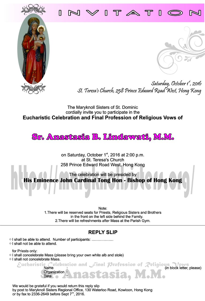 Anastasia of Maryknoll: Invitation: Eucharistic Celebration and Final ...