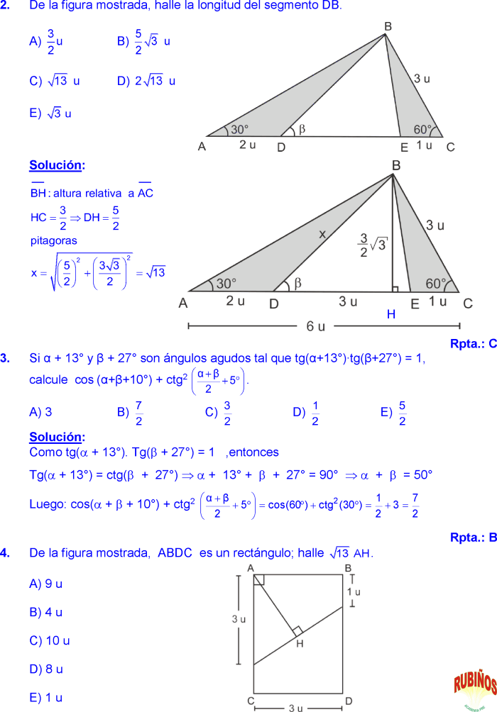 Ejercicios de razones trigonométricas en triángulos rectángulos resueltos de secundaria y ...