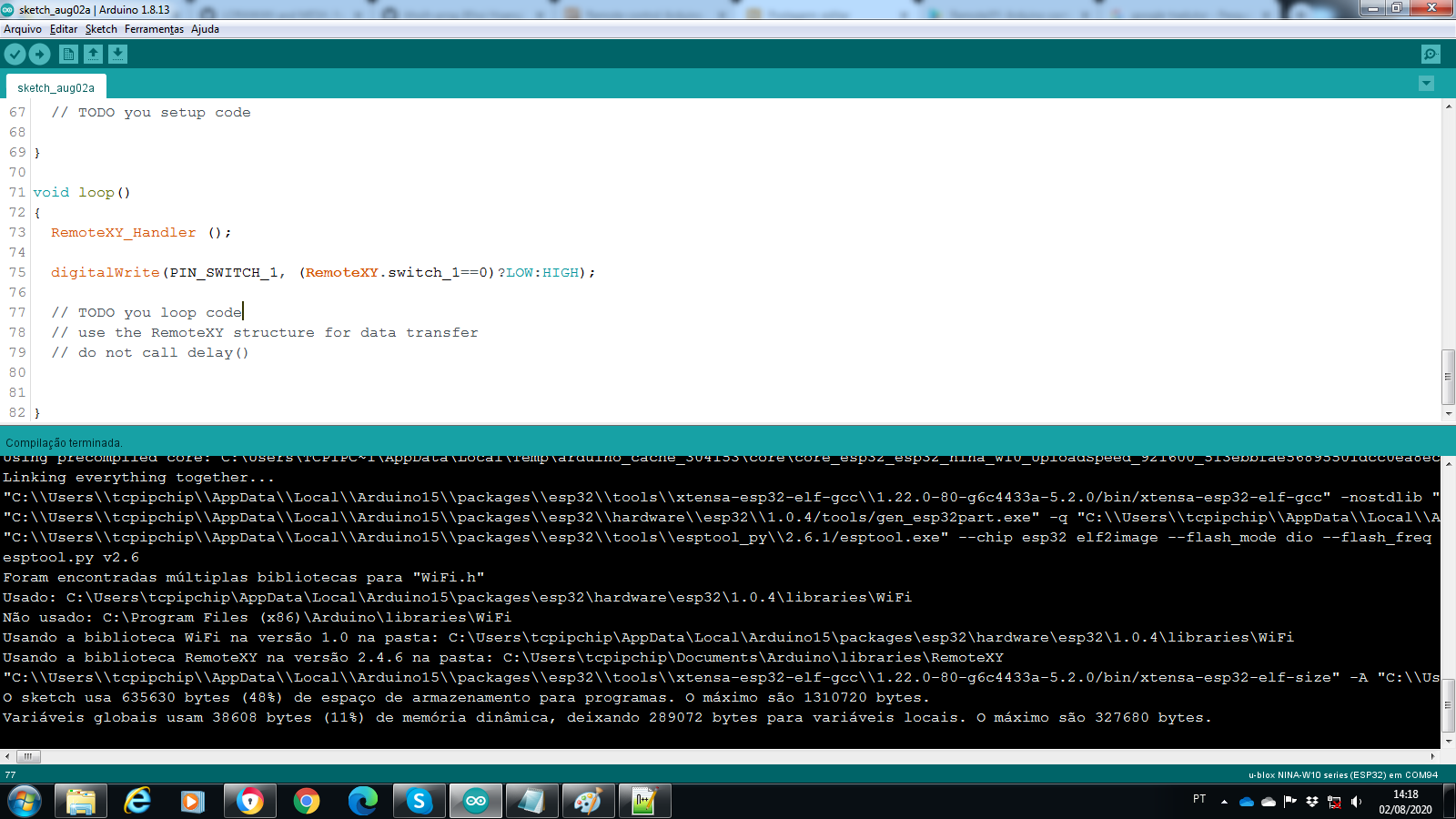 U-BLOX NINA W106: NINA W102 e RemoteXY