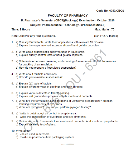 Osmania University B. Pharmacy V-Semester (CBCS) (Backlog) Subject ...