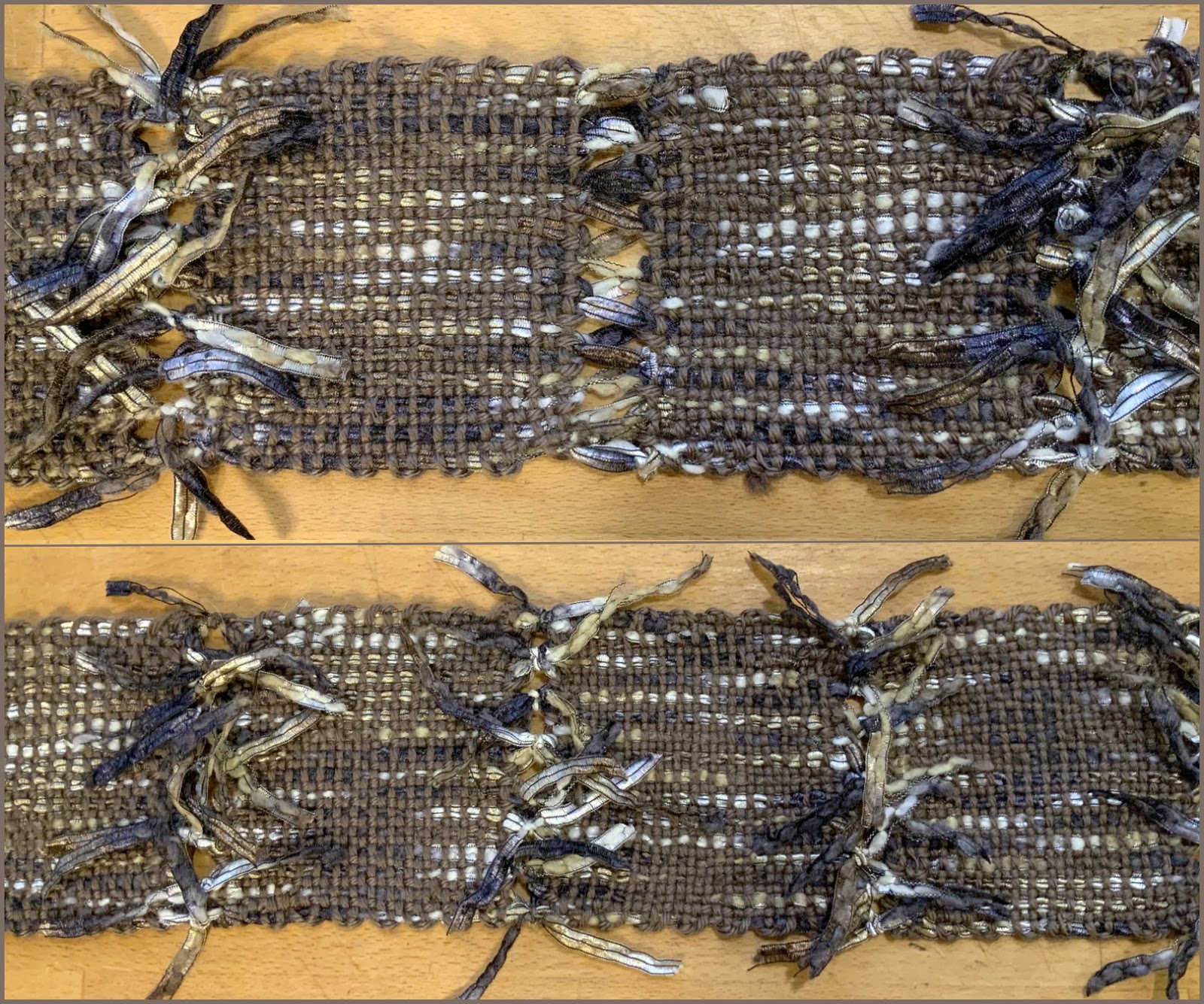 Pin Loom Weaving: A Pin Loom Scarf with woven tape and a unique join