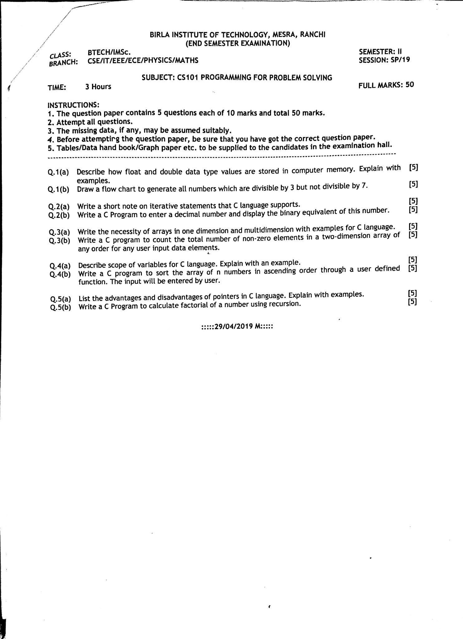 Cs101 Programming For Problem Solving Btech Question Paper