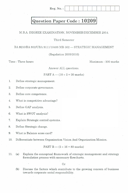 BA9210 STRATEGIC MANAGEMENT MBA 3rd Semester Nov Dec 2014 Question ...