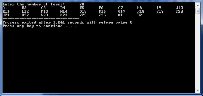 C program to display the sequence A1, B2, C3, …., Y25,Z26, A1, B2,……………