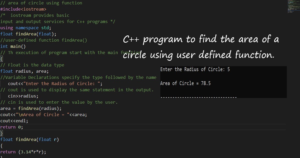 C Program To Find The Area Of A Circle Using User Defined Function