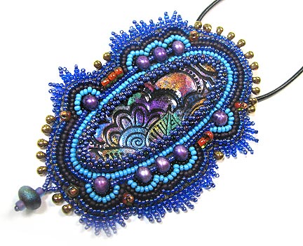 Blue floral bead embroidered pendant