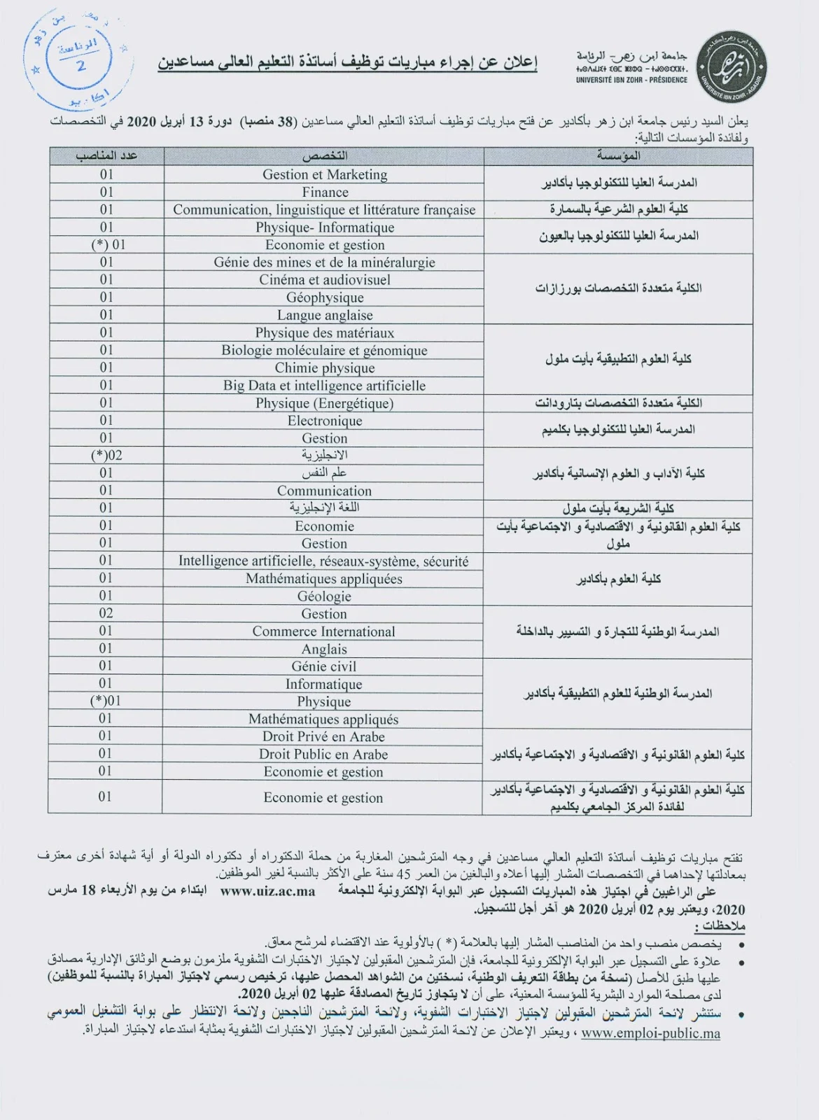 رابط الترشيح لمباراة توظيف 90 أستاذ التعليم العالي مساعد بجامعة ابن زهر ...