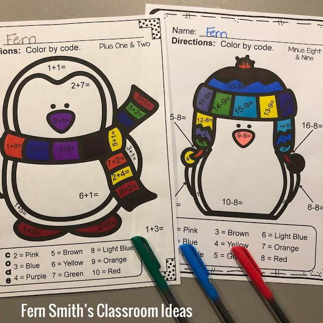 WINTER COLOR BY NUMBER FUNKY PENGUINS ADDITION, SUBTRACTION ...