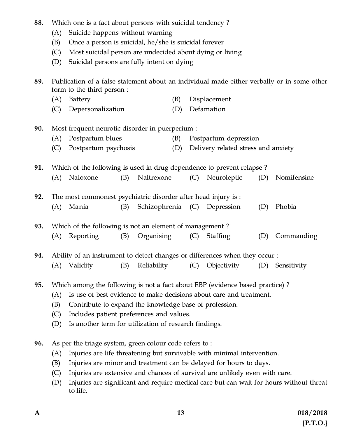 Staff Nurse Gr II Question Paper with Answer Key 18/2018 - Kerala PSC - PSC THRILLER