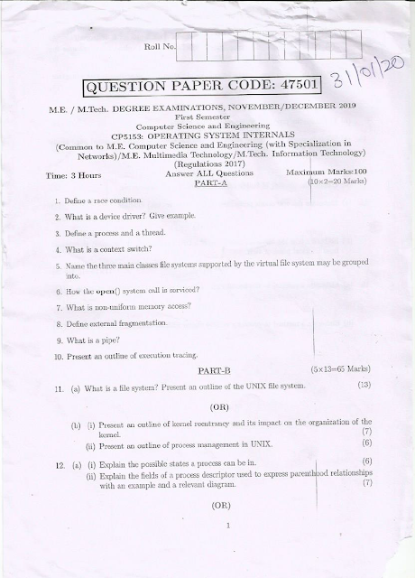 Anna University CP 5153-OPERATING SYSTEM INTERNALS November/December ...