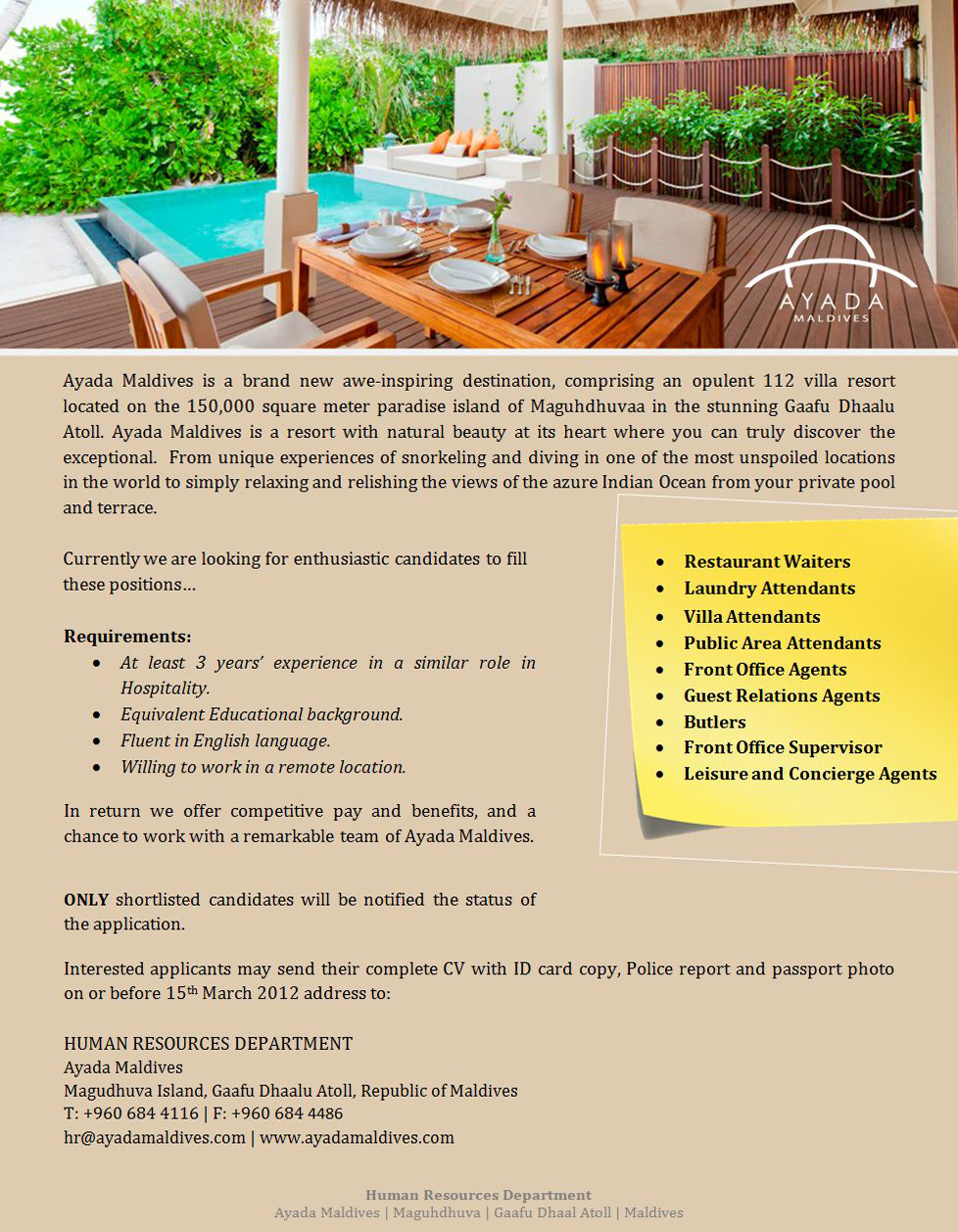 Job Maldives - Fresh Jobs in Maldives: Front Office Supervisor jobs in ...