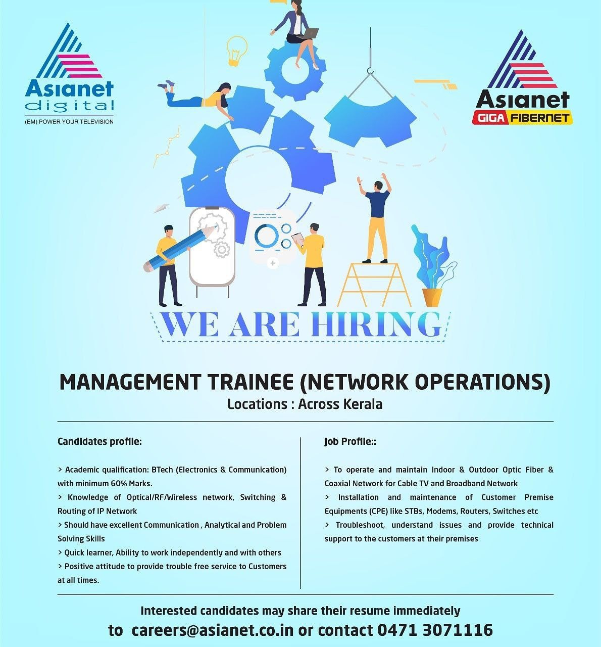 Asianet Digital / Asianet Giga Fibernet - Immediate Openings for ...