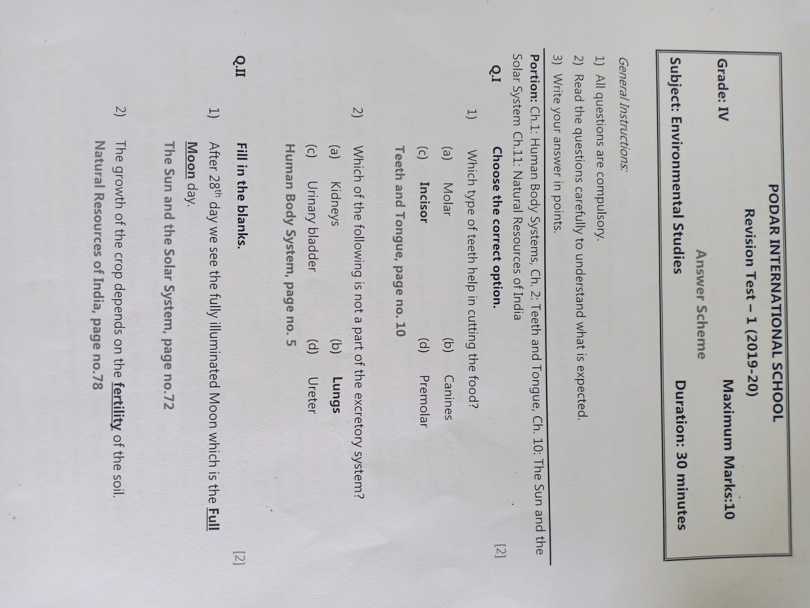 Science Revision Test answer scheme