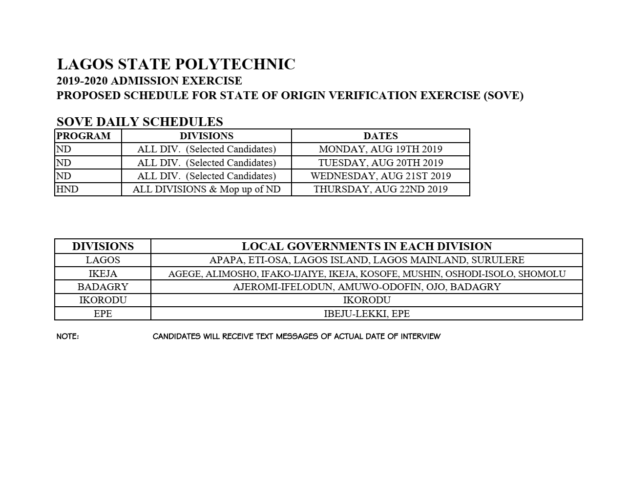 LASPOTECH Origin Verification Exercise Schedule 2019/2020 | ND & HND