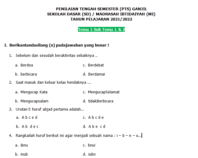 Soal PTS Kelas 2 Semester 1 Tahun 2021 (Soal dan Jawaban) - File Pembelajaran Kurikulum2013