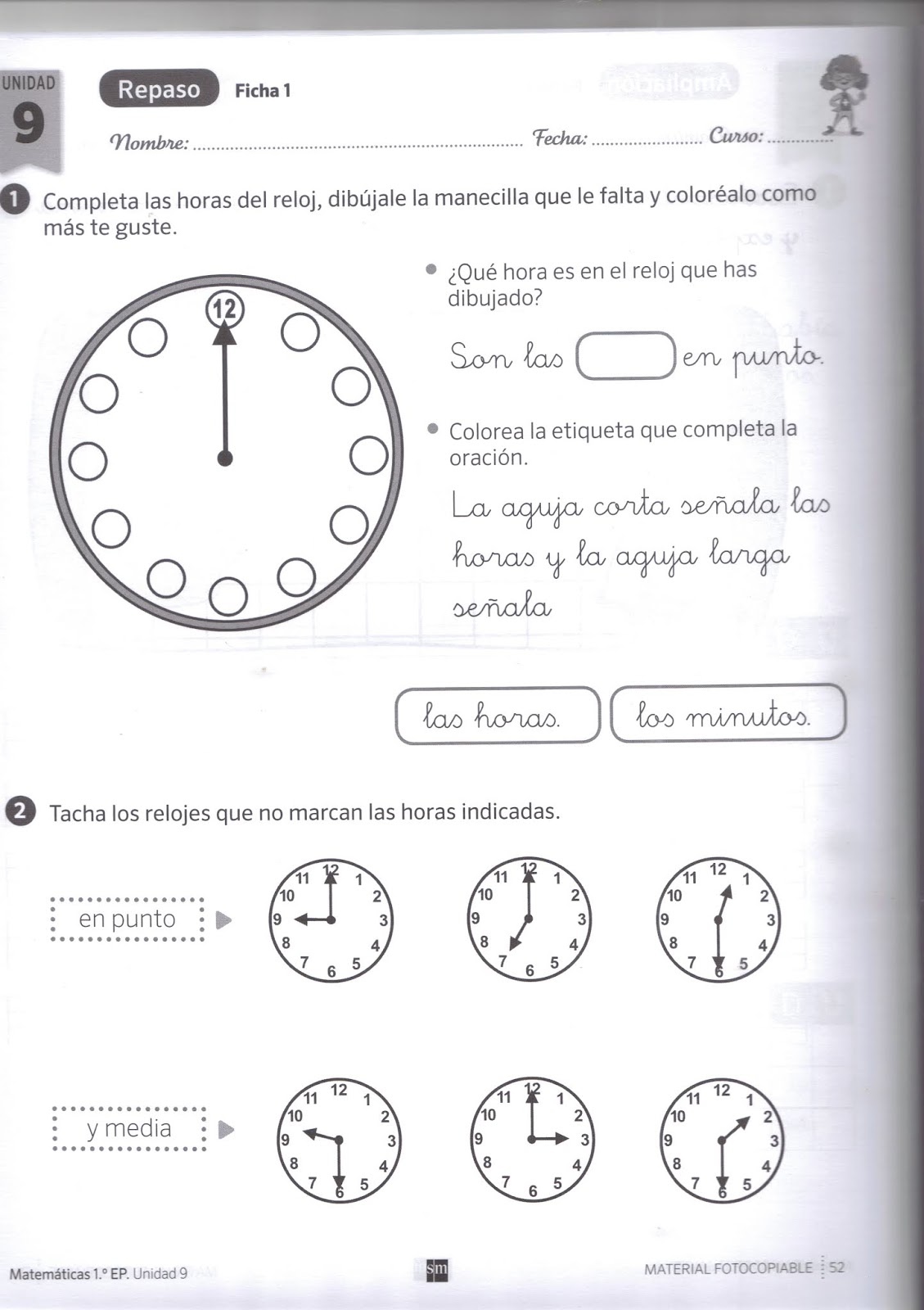 Primeiro Ciclo de primaria: REPASO DE LA HORA