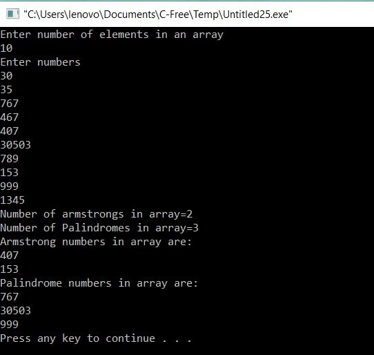 All C Programs To Count Number Of Armstrong And Palindrome In An Array