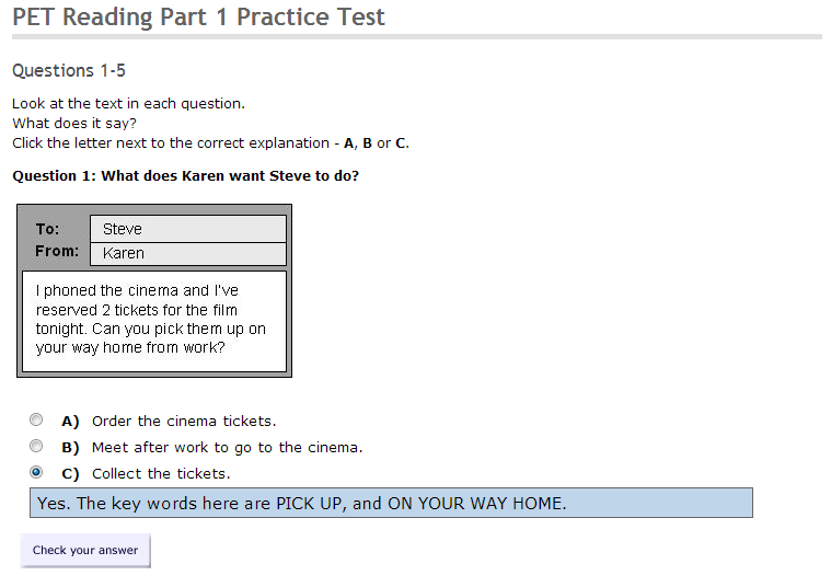 English Folder: PET Reading Part 1 Practice Test