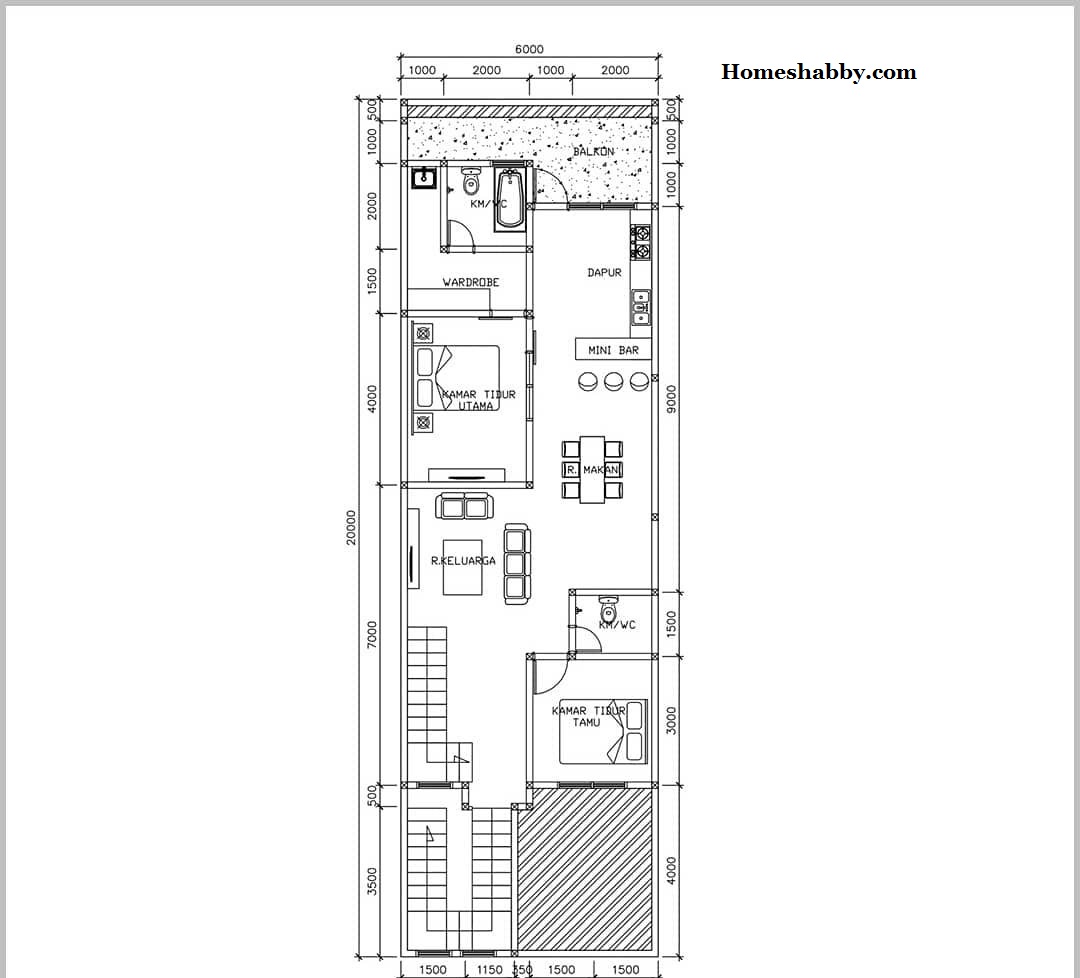 Denah Rumah 6x20 Dengan 3 Kamar Tidur - Modern Minimalis