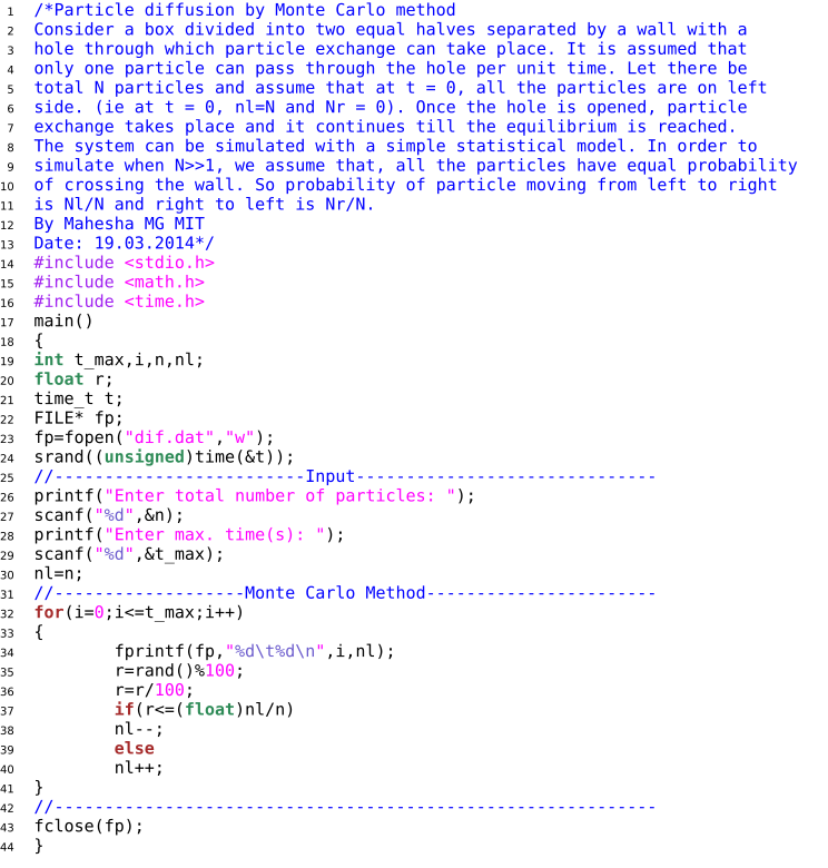 Computational Physics: C code - Particle Diffusion by Monte Carlo Method