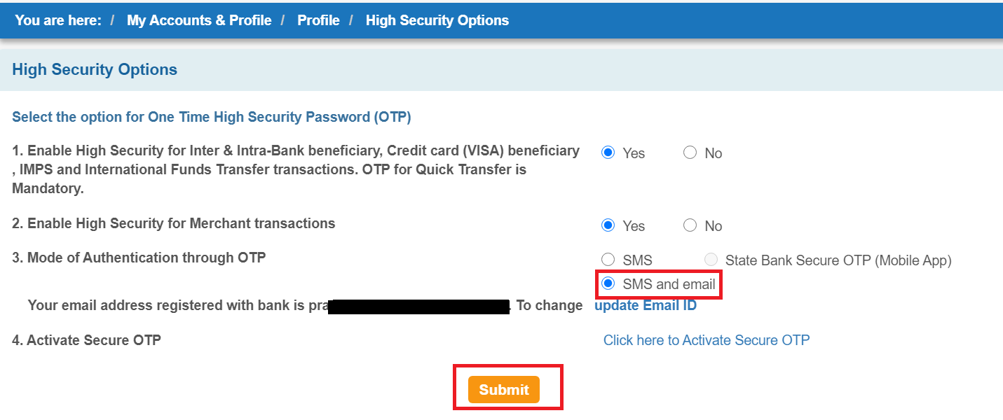 How to get SBI Net Banking OTP on email?