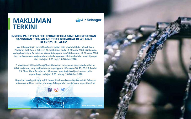 Gangguan Bekalan Air Tidak Berjadual Di Wilayah Klang/Shah Alam Bermula 9 Malam