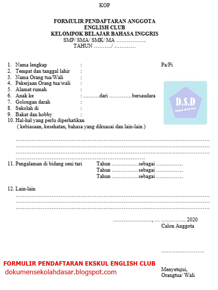 Contoh Formulir Pendaftaran Ekskul [Lengkap] - Dokumen Sekolah Dasar