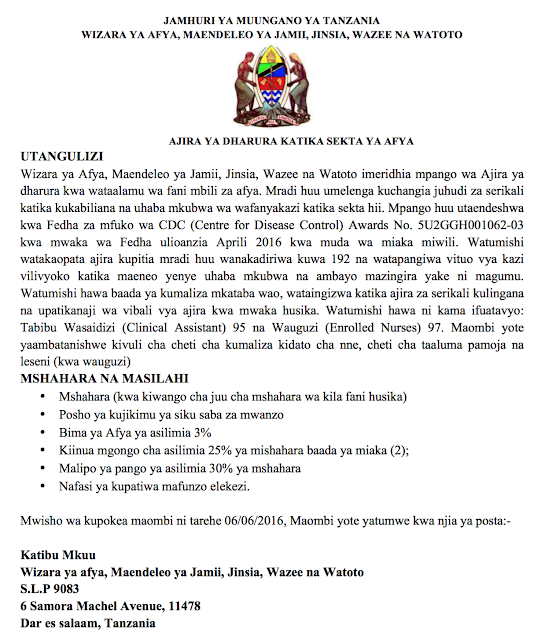 MAISHA TM: Tangazo la Nafasi za Kazi Wizara ya Afya...... Wanahitajika Watu 192, Mwisho wa ...