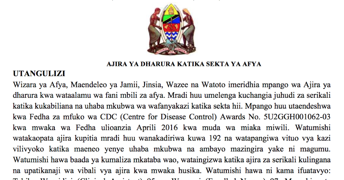 MAISHA TM: Tangazo la Nafasi za Kazi Wizara ya Afya...... Wanahitajika Watu 192, Mwisho wa ...