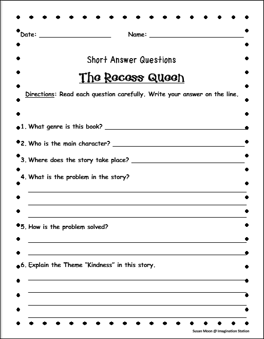 Imagination Station: THE RECESS QUEEN--Read Aloud Activity Packet