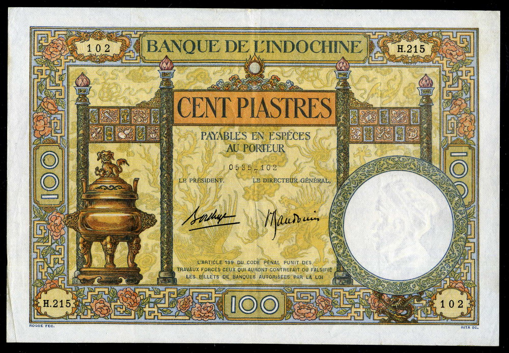 French Indochina banknotes 100 Piastres banknote, Joseph François ...