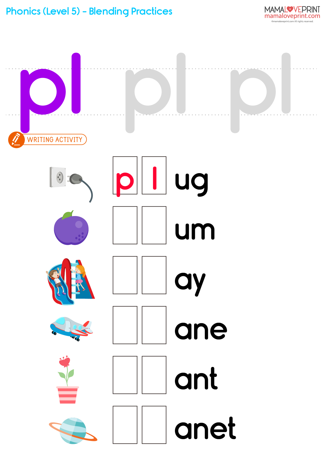MamaLovePrint . Phonics Worksheet - Level 2.3 L Blending (bl ,cl ,fl ...
