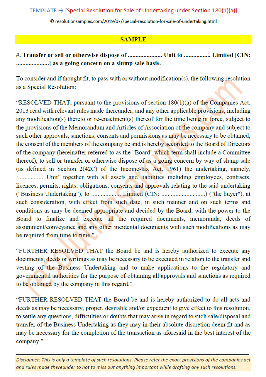 Special Resolution: Sale of Undertaking under Section 180(1)(a)