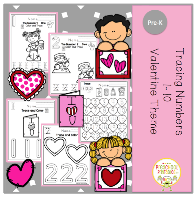 Tracing Numbers 1-10 Valentine Theme "No Prep" ~ Preschool Printables