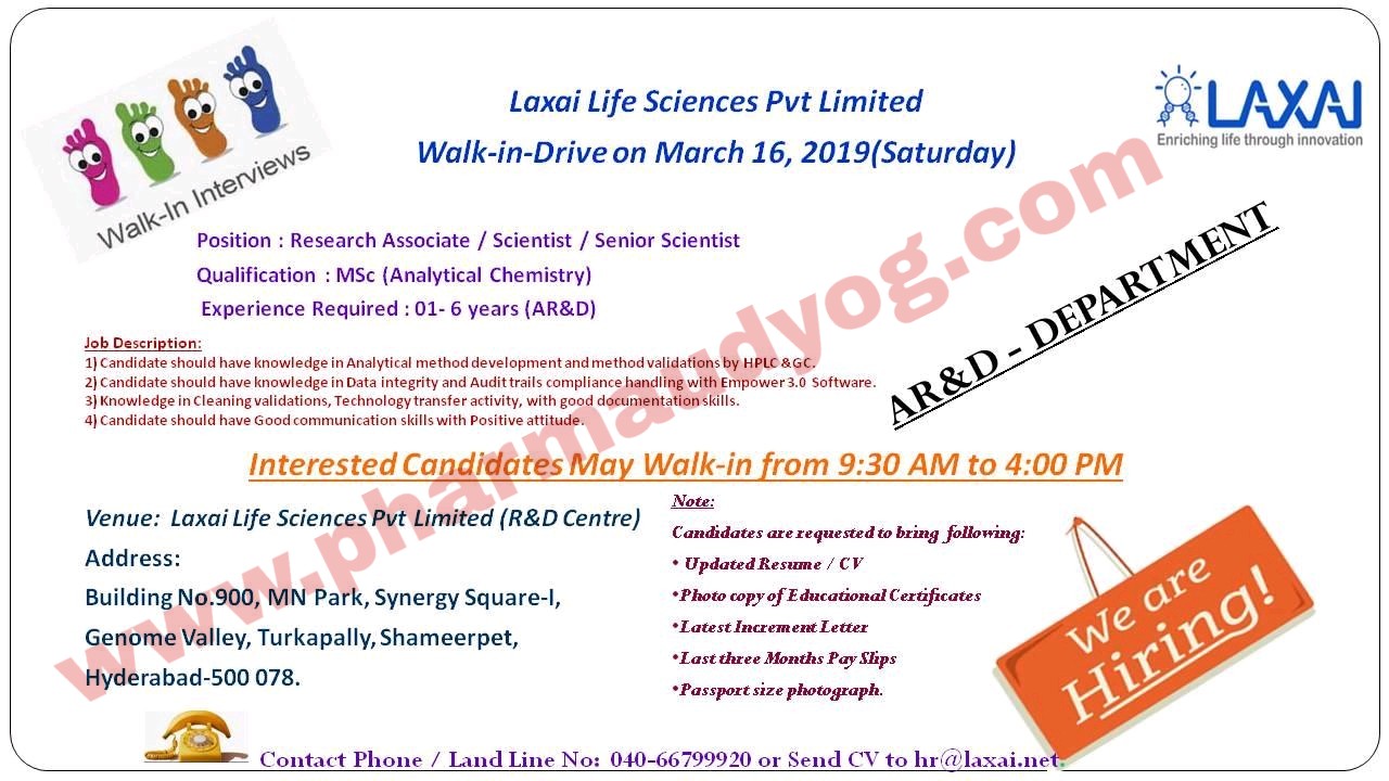 Laxai Avanti Life sciences | Walk-in interview for AR&D and API-R&D | 16th March 2019 | Hyderabad